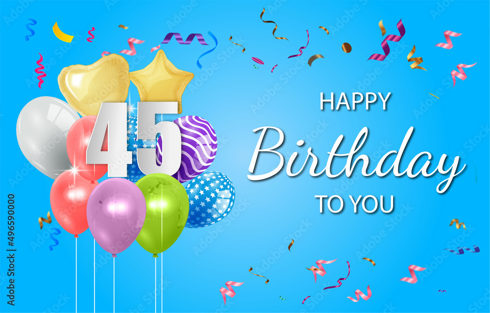 Happy 45th birthday balloons greeting card background vector. Happy ...