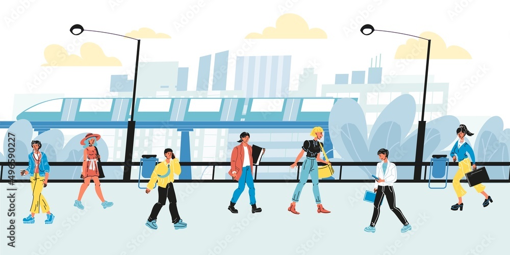 People crowd walking city street. Man woman keeping safety distance in ...