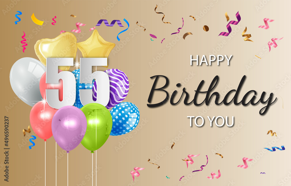 Vecteur Stock Happy 55th birthday balloons greeting card background ...