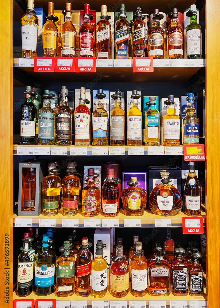 Latvia, Riga, March, 2022 - Shelves with variety brand of high quality ...