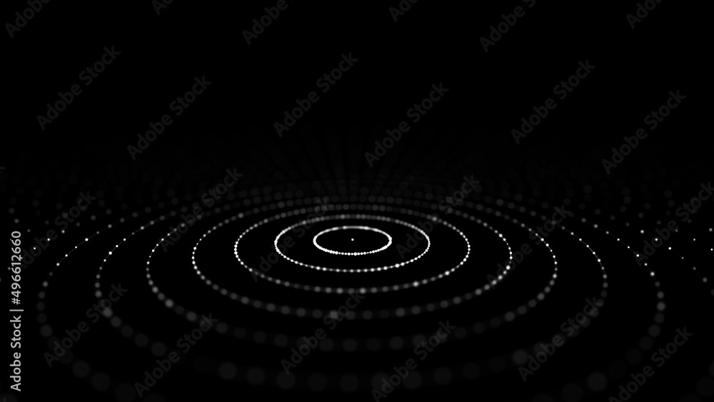 Abstract black background of circular flow of particles. Digital ...