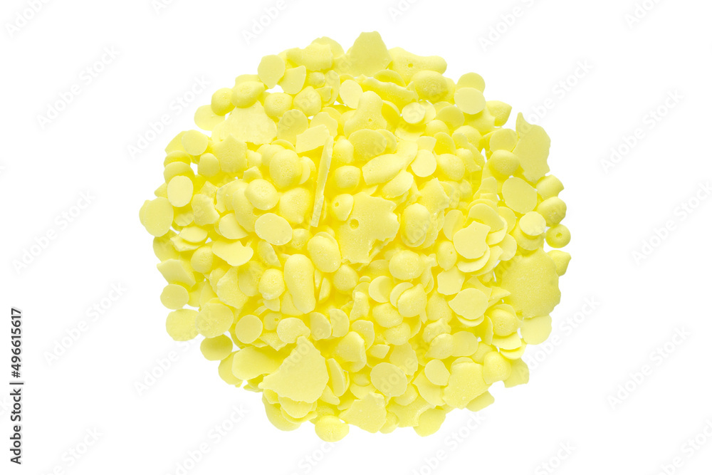 Pile of yellow sulfur granules used in medicine, fertilizer, top view ...