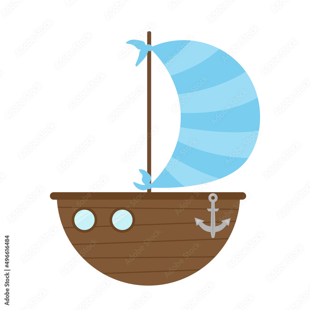 Small cartoon wooden ship with a blue sail and anchor Stock Vector ...