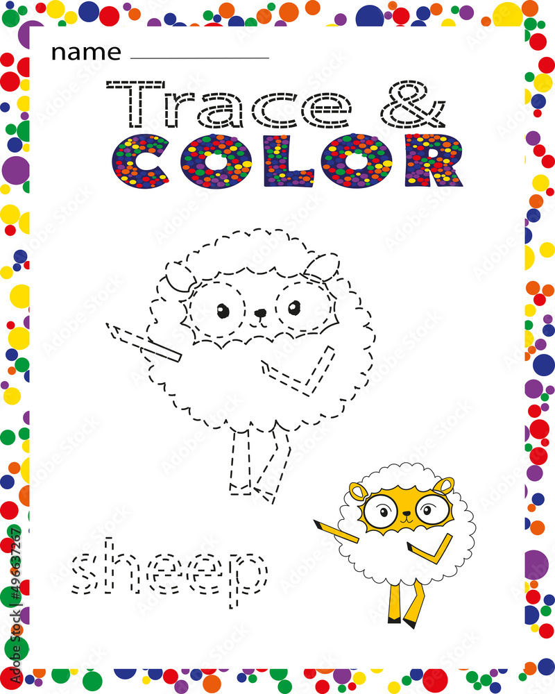 Cute geek sheep vector illustration. Trace line and color page game for ...
