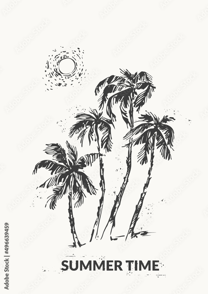 Hand drawn palm trees and sun black ink sketch set Stock Vector | Adobe ...