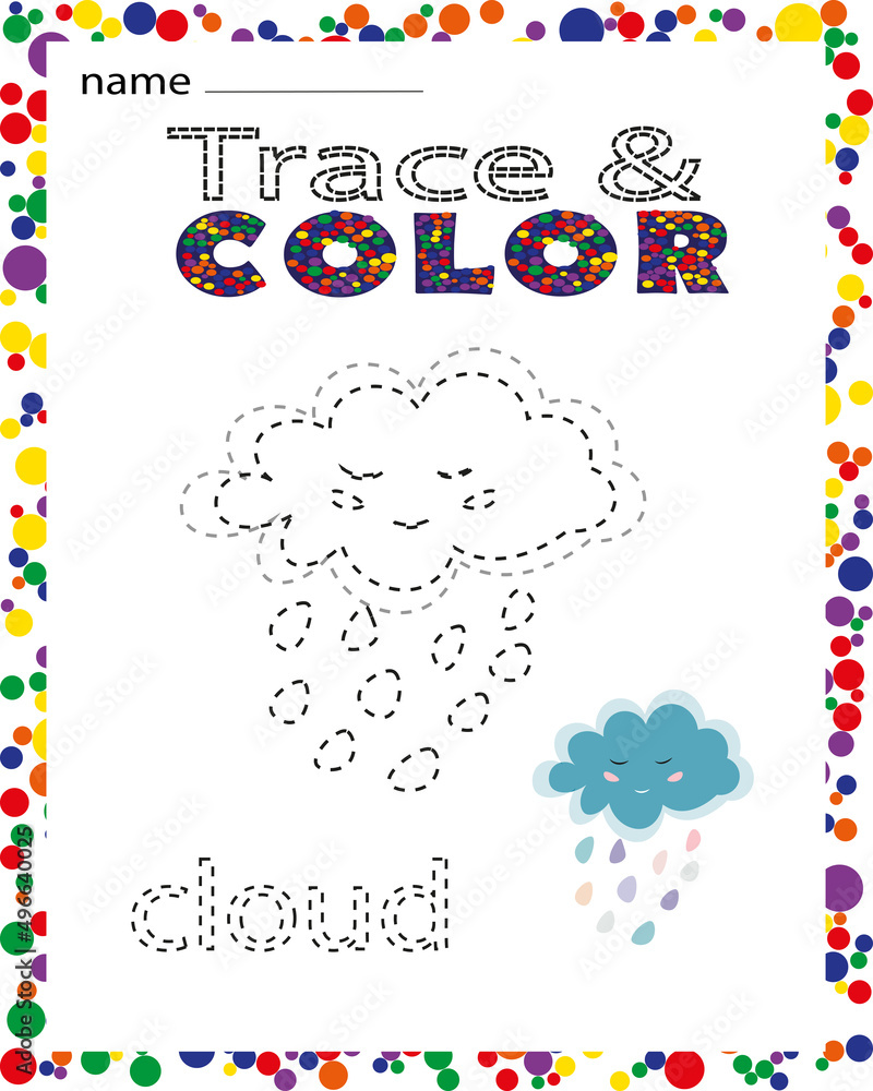 Cute cloud vector illustration. Trace line and color page game for kids ...