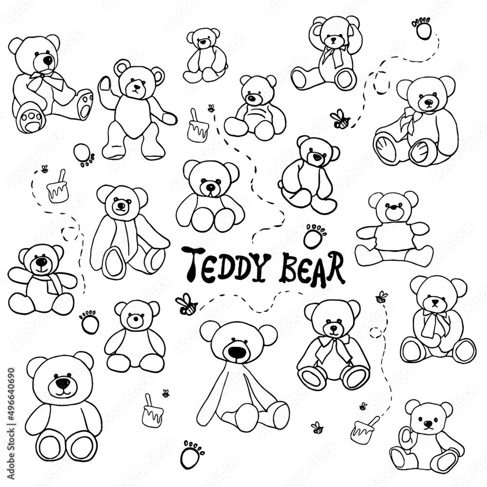 Vector pattern of cartoon teddy bears outline drawing in black isolated ...