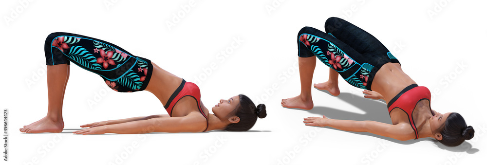Front three-quarters and Left Profile Poses of a Woman in Yoga Bridge ...
