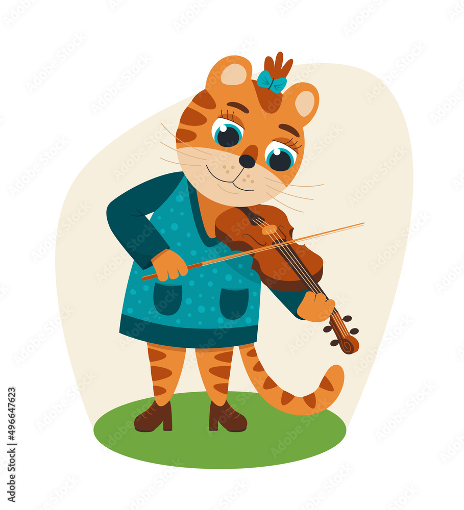 Cute cartoon tiger print, stickers. Funny Tiger play musical instrument ...