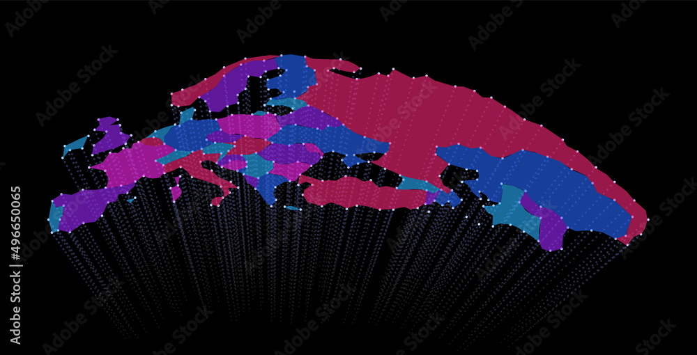 Europe map from particles. Wave of data from nodes. Vector abstract ...
