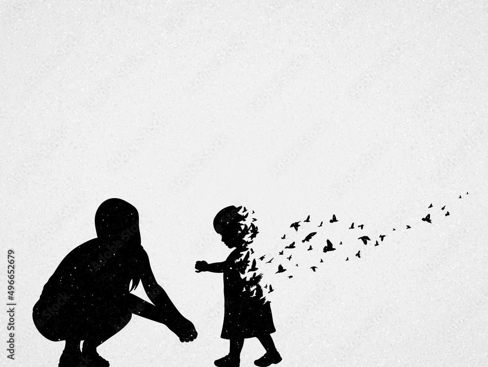 Mother and child silhouette. Dying girl and birds. Death and afterlife ...