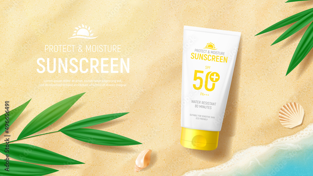 Sunscreen ad banner template. Banner with tube of sunscreen on beach ...