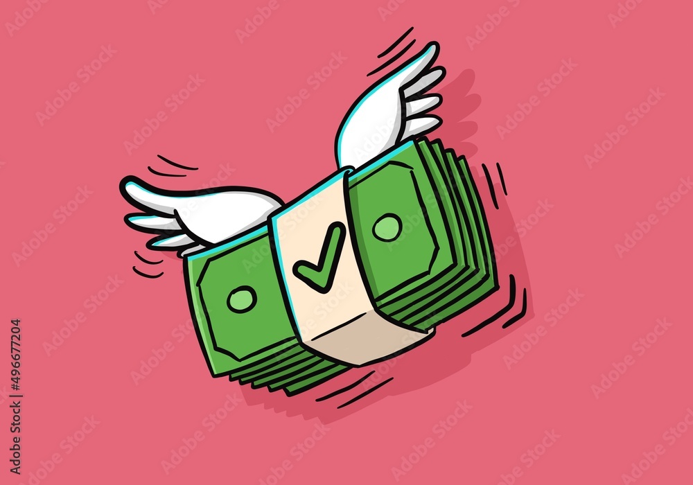 Hand draw Illustration of banknote bundle flying with white wings ...