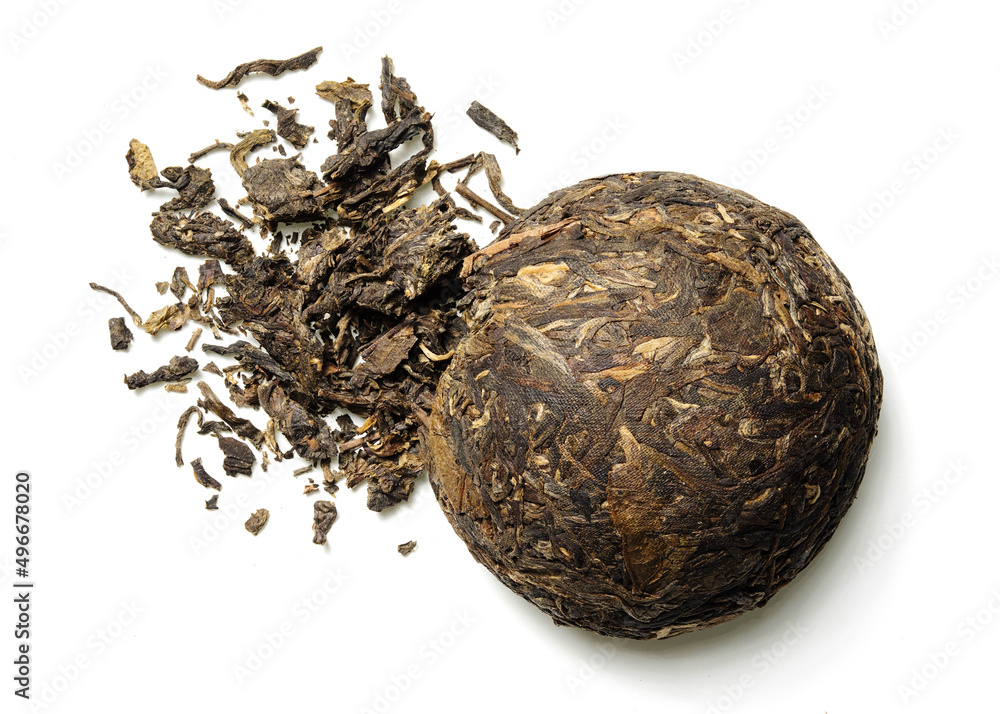 Pu erh shou, tuocha isolated on white background. Top view. Close up ...
