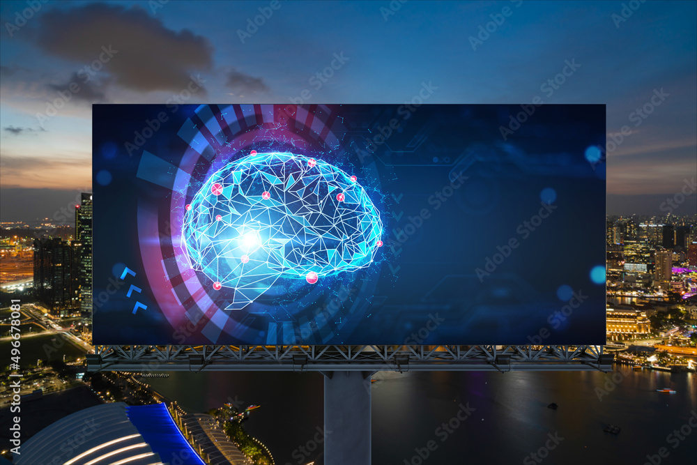 Brain hologram on billboard with Singapore cityscape background at ...