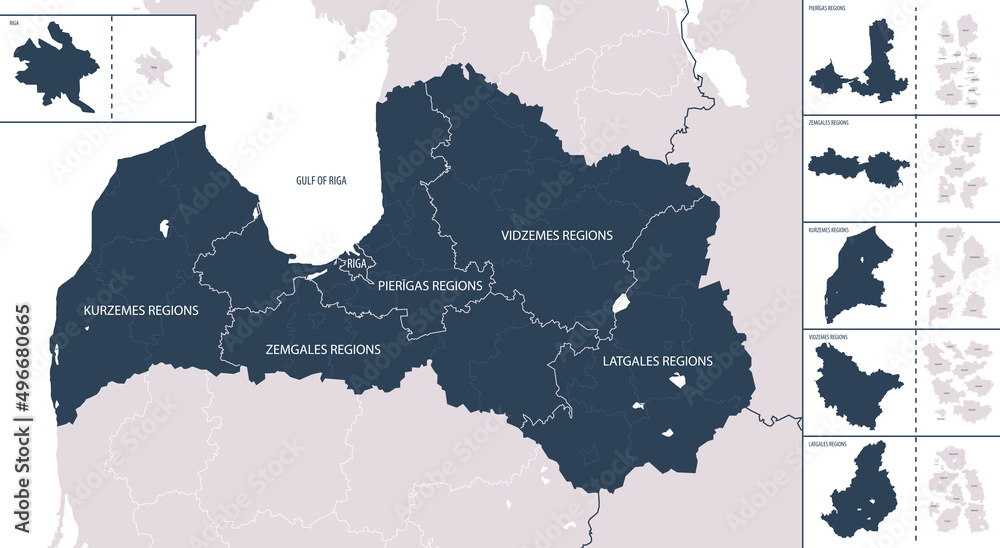 Vector color detailed map of Latvia with the administrative divisions ...