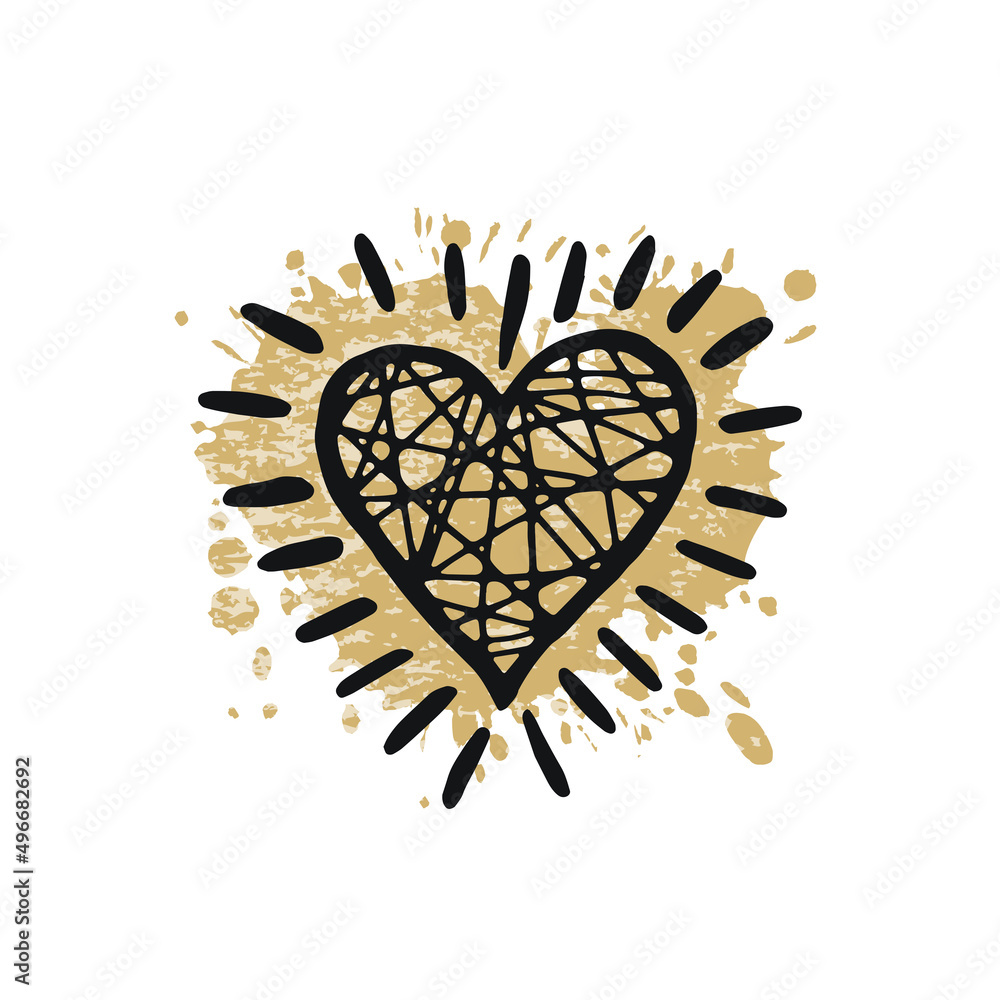 Grunge sketch heart with shining rays. Black Valentines day heart icon ...