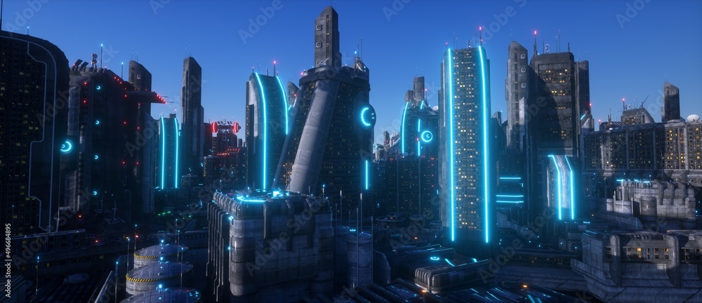 Cyberpunk city. Neon urban future. Evening futuristic city. Wallpaper ...