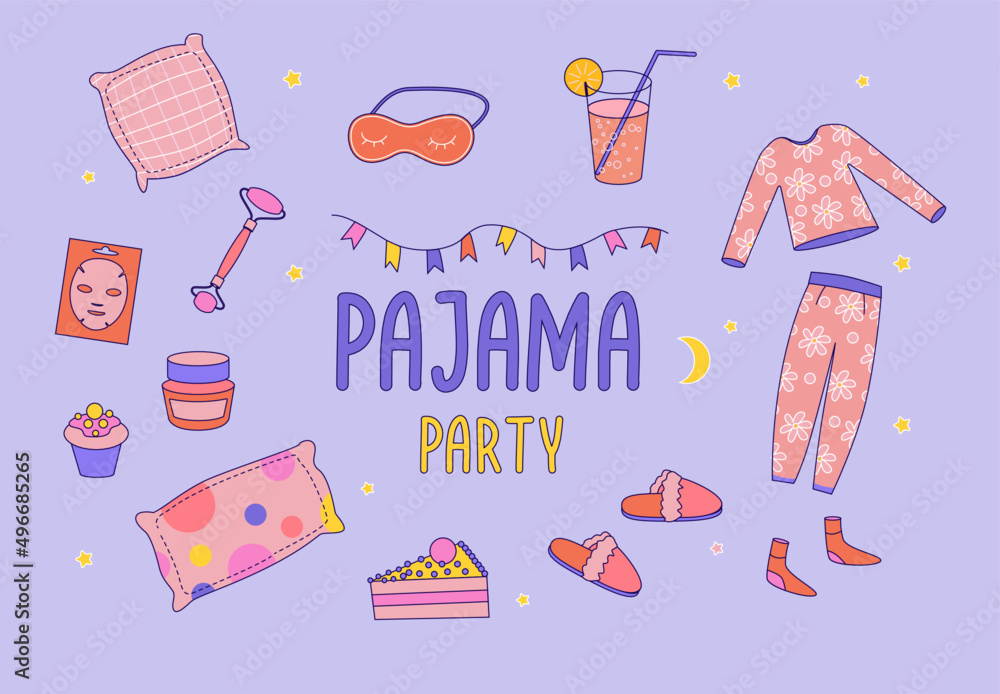 Pajama party for girls set. Sleepover invitation. Cute nightwear, food ...
