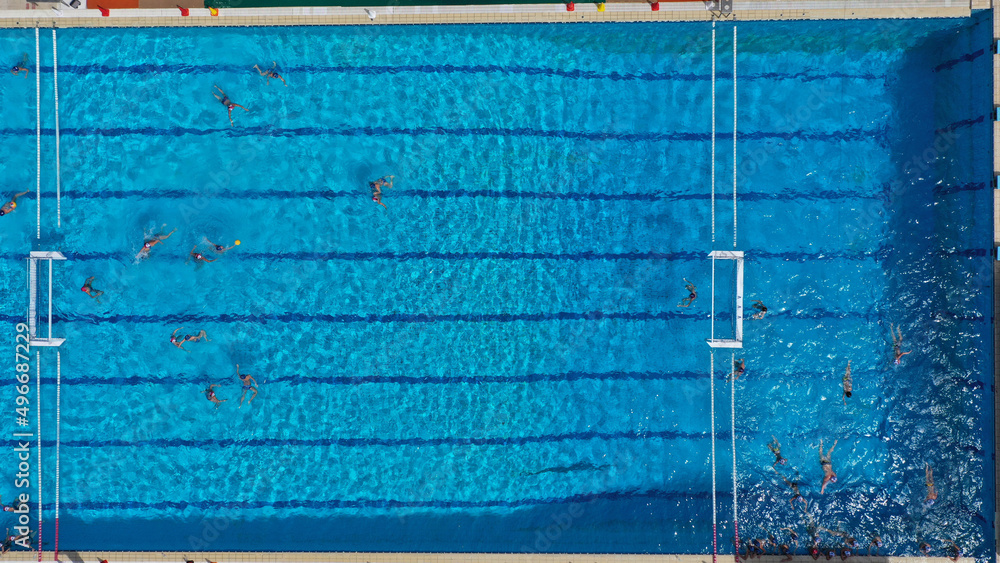 Aerial drone top down photo of water polo tournament as seen in huge ...