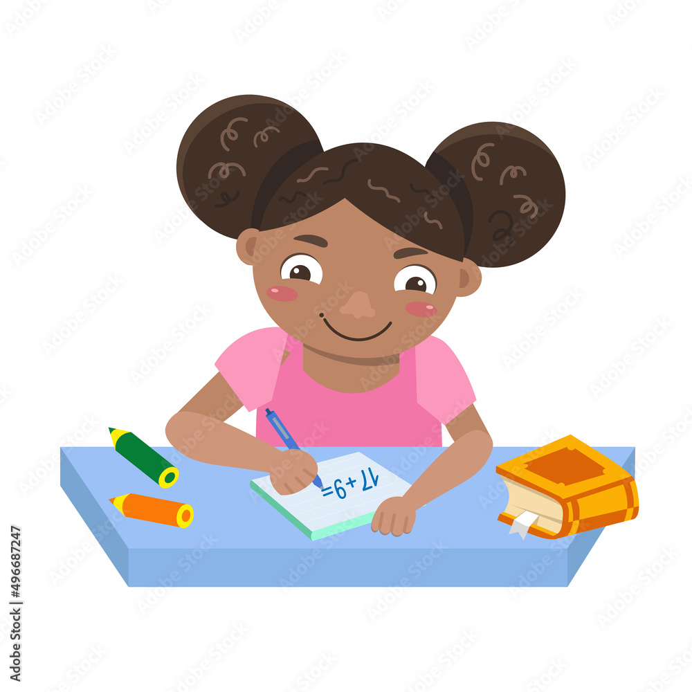 Vetor de African American girl doing homework. Cute cartoon character ...