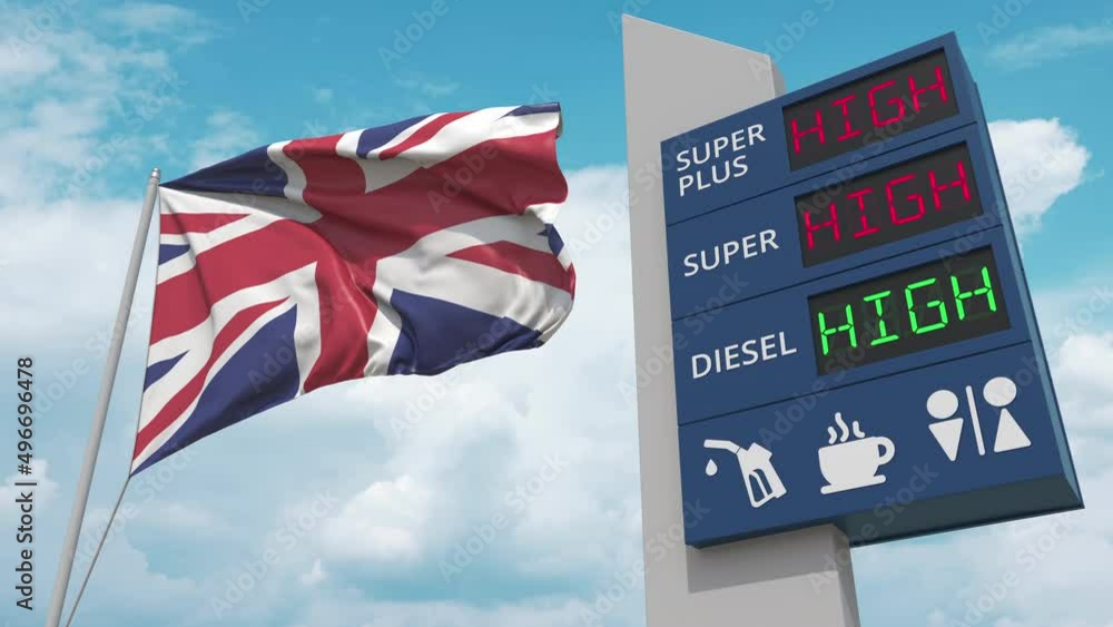 Gas station sign board with rising fuel prices and national flag of the ...
