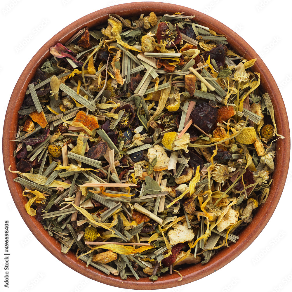 Heart of angel herbal tea in a brown ceramic bowl isolated on white ...