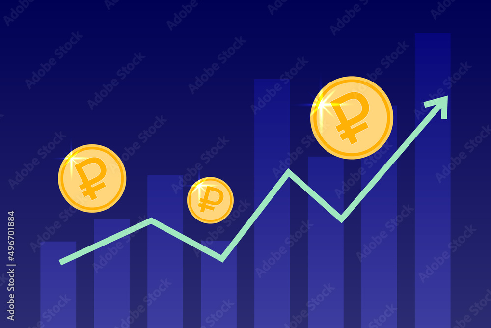 Russian ruble currency rise chart. Rouble coins grows. Ruble graph ...