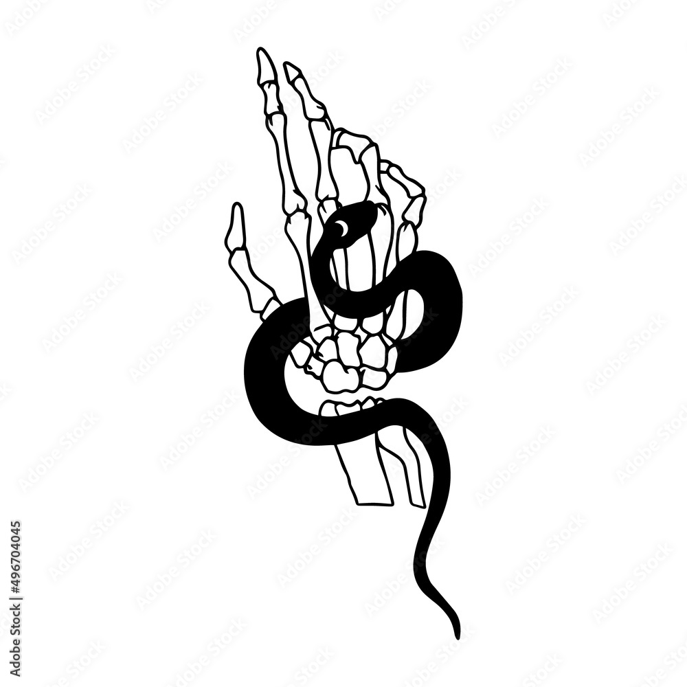 Hand Drawn Skeleton Hands with Snake, Vector Line Art Female Hand ...