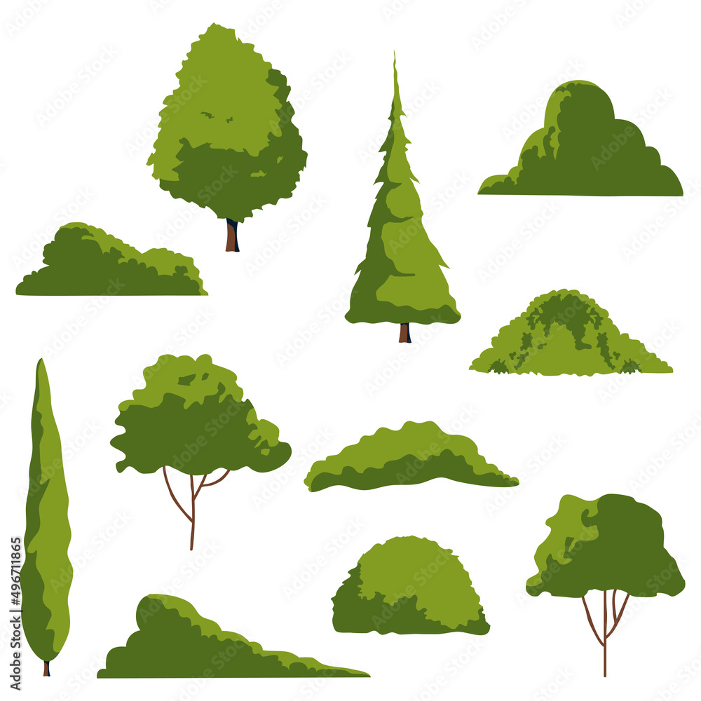 Cartoon tree. Simple flat forest flora, coniferous and deciduous meadow ...