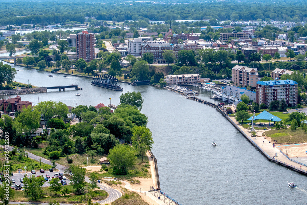 Ariel view over St Joseph Michigan in the USA, with the St Joseph river ...