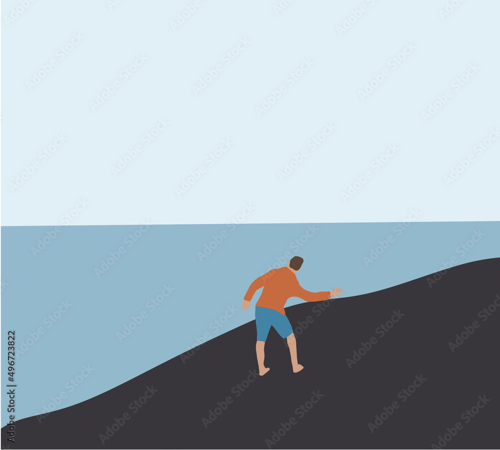 Man standing on beach and playing throwing a pebble stones into water ...