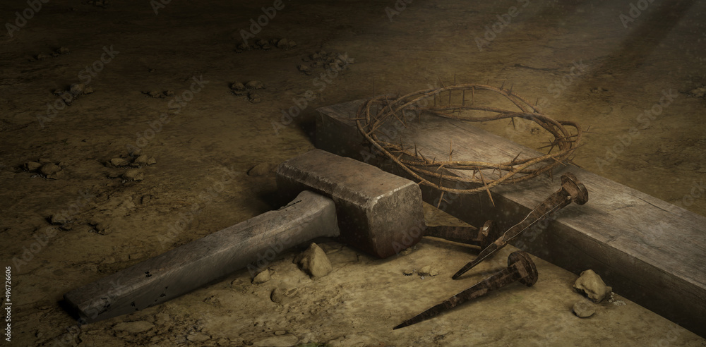 Jesus Crown Of Thorns and cross on ground cinematic banner in high ...