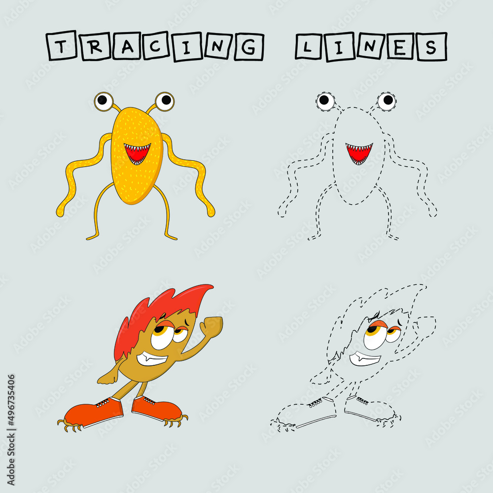 Trace line worksheet with funny monsters for kids, practicing fine ...