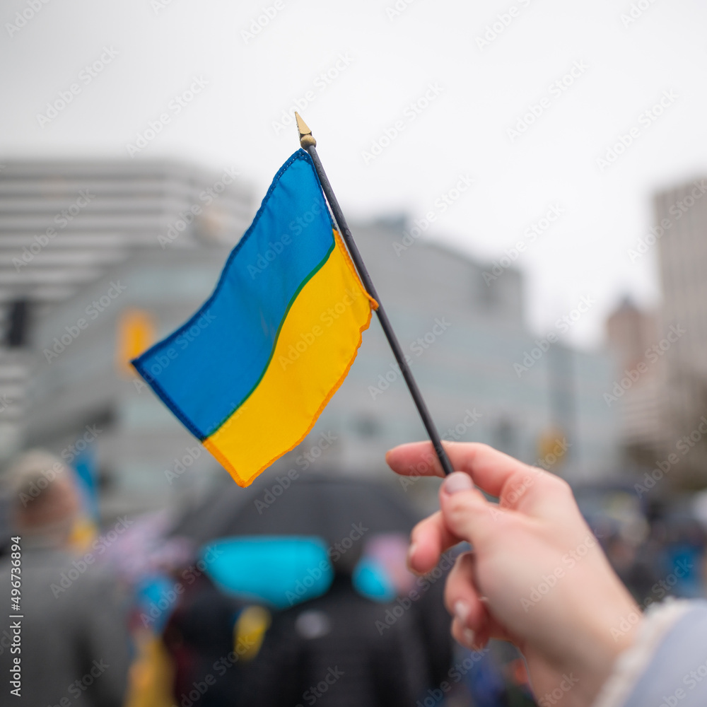 Ukrainian flag on the background of the rally. No war. Support for ...