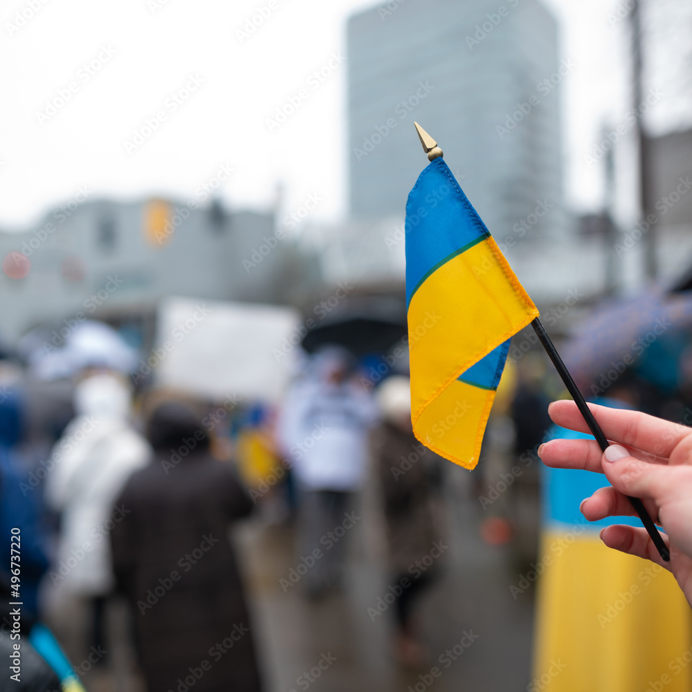Ukrainian flag on the background of the rally. No war. Support for ...