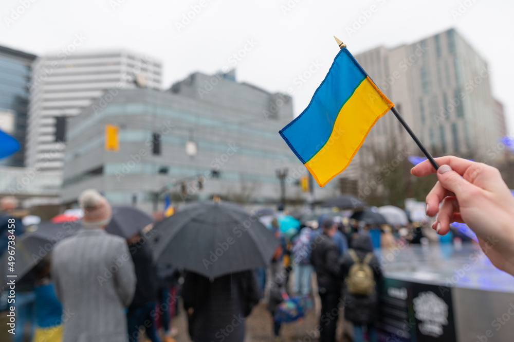 Ukrainian flag on the background of the rally. No war. Support for ...