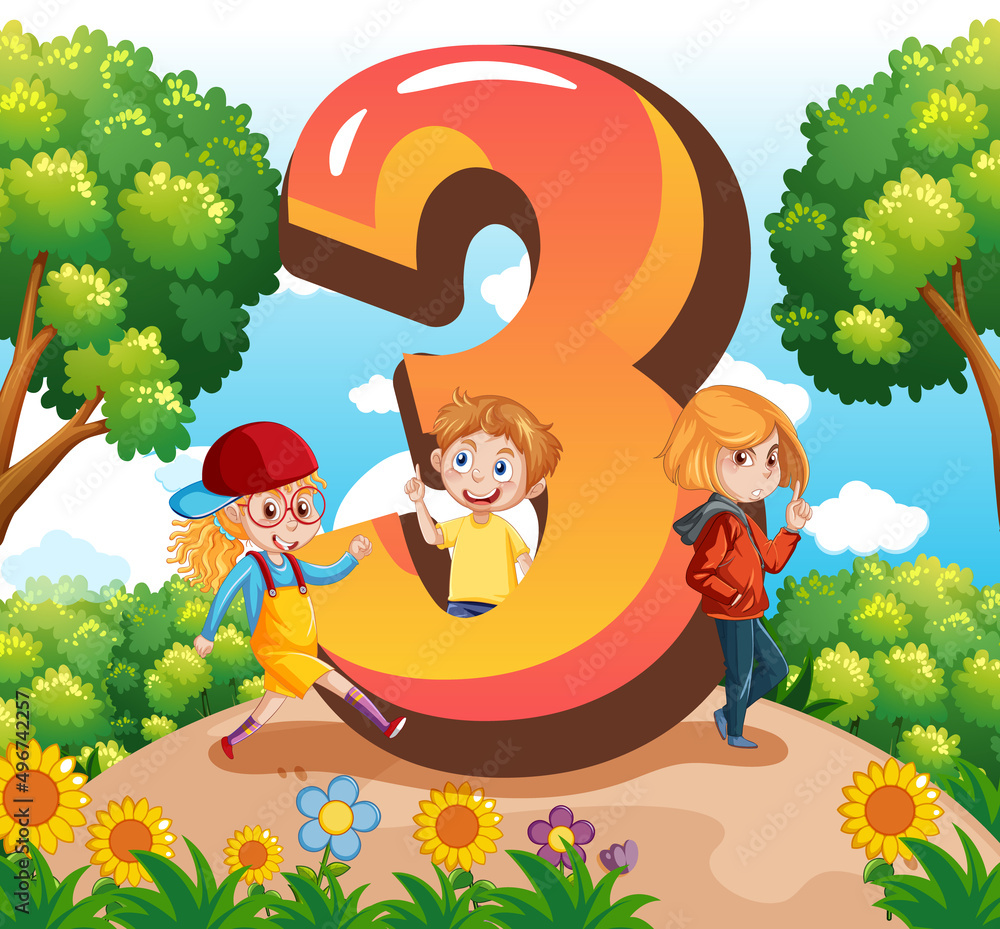Three kids with number three cartoon Stock Vector | Adobe Stock