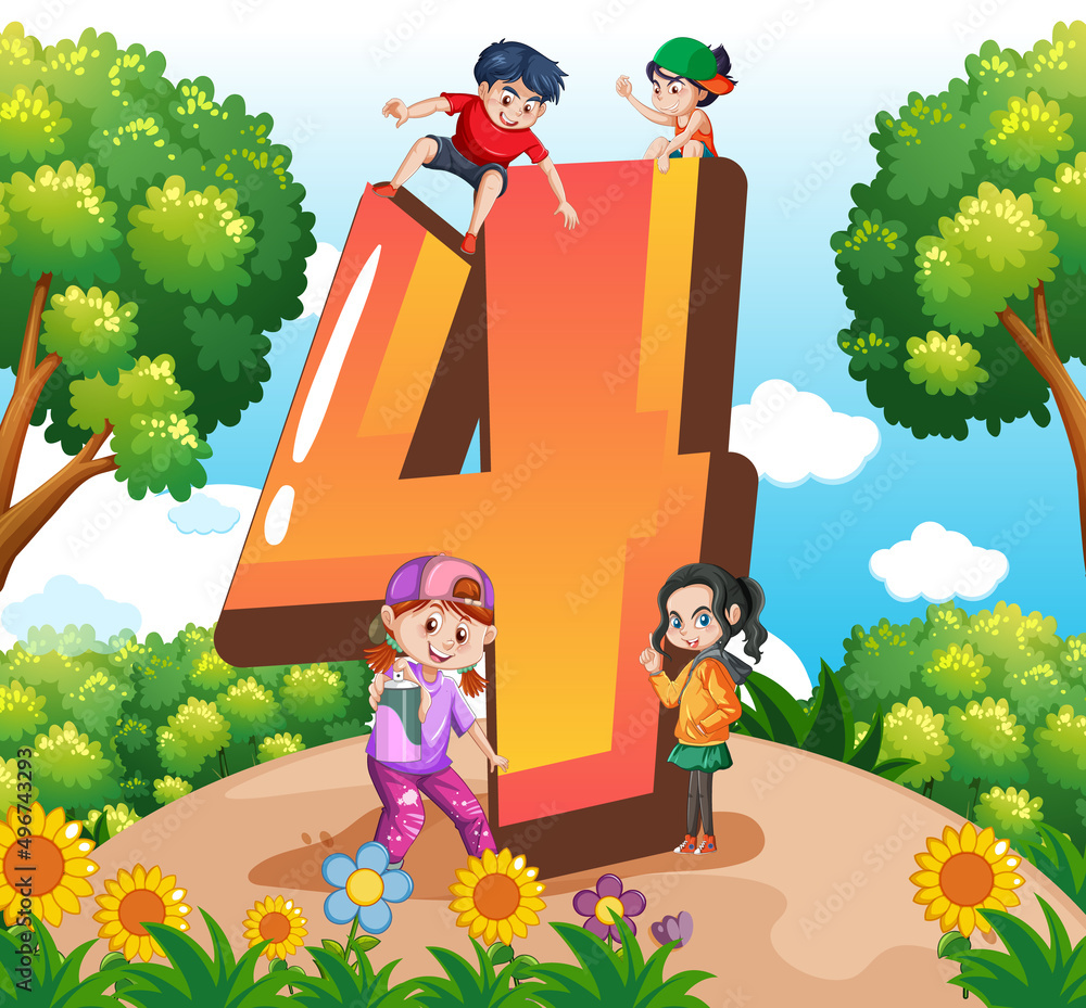 Four kids with number four cartoon Stock Vector | Adobe Stock
