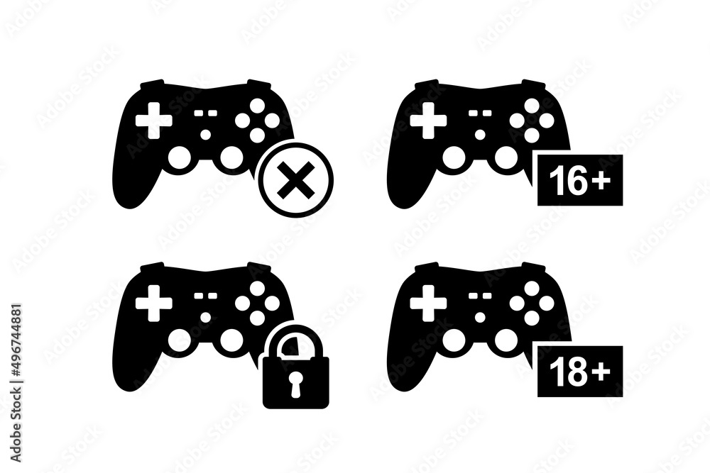 Game controller icons. Joystick with padlock. Parental control labels ...
