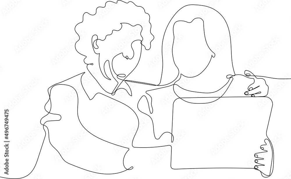 Continuous one line drawing of adult daughter helps to elderly mother ...