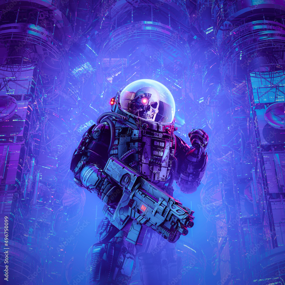 Death on patrol - 3D illustration of science fiction scene showing evil ...