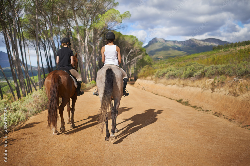 Going for a ride. Rear-view of two women on horseback - riding trail ...