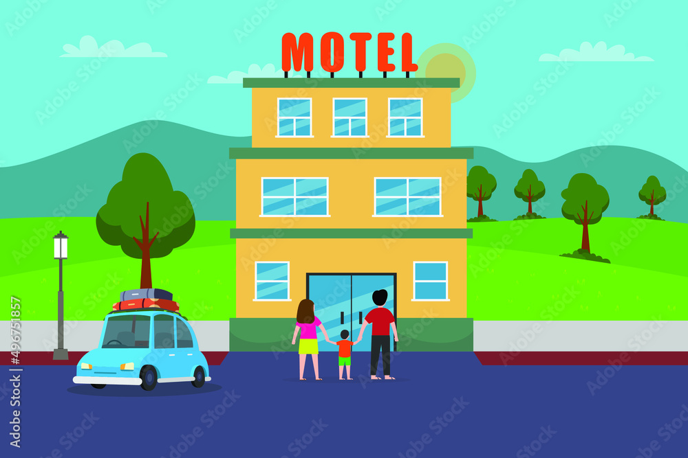 Motel vector concept. Young family entering a motel building after ...