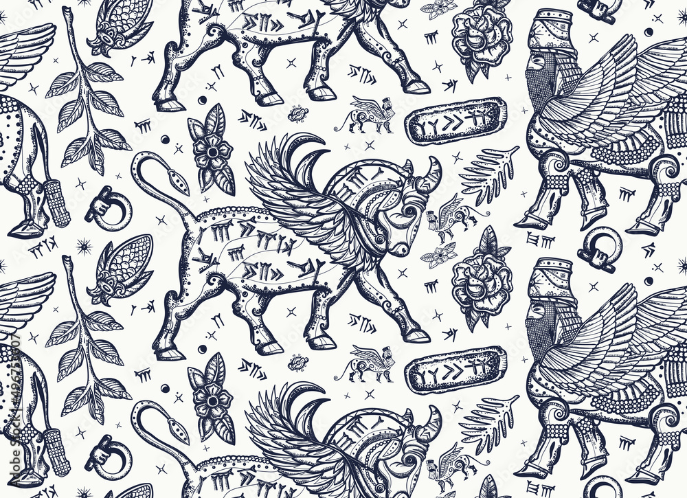 Middle East history background. Vintage seamless pattern. Mesopotamian ...