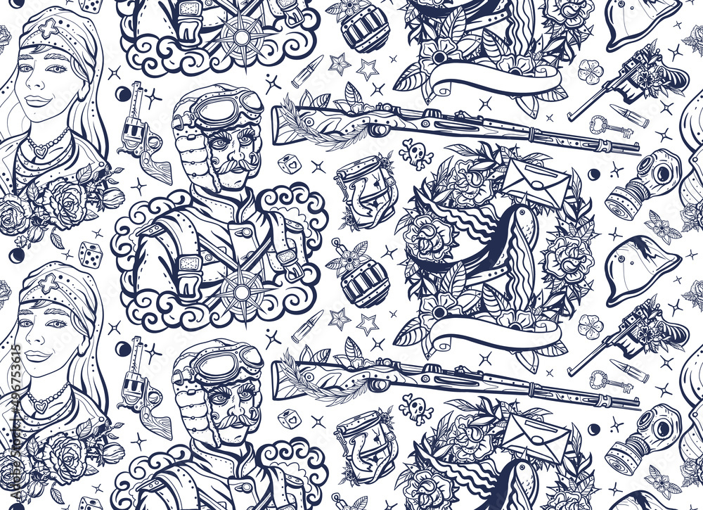 World War One. Traditional tattooing style. Military pilot in uniform ...