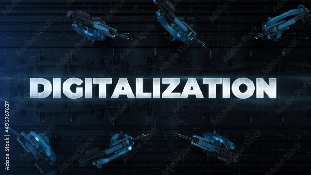 Automated Robot Arm Assembly Line Digitalization text label ...
