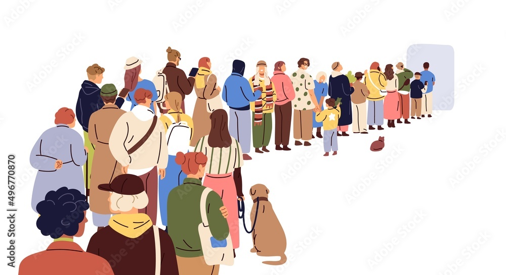 Big queue. Many, multitude people waiting in long line, back view ... Big queue. Many, multitude people waiting in long line, back view ...
