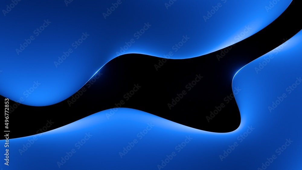 3d render, abstract blue and black background, wavy lines and curvy ...