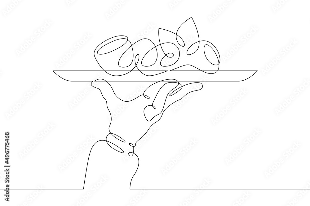 Fruit dish. Vegetable salad.One continuous line drawing.The waiter ...